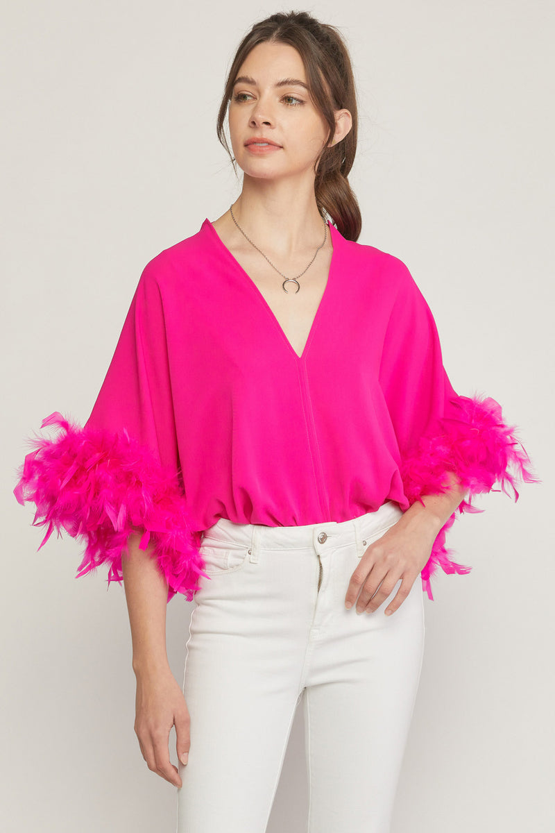 Pretty In Pink Feather Sleeve Satin Bodysuit – Penelope Chic Boutique