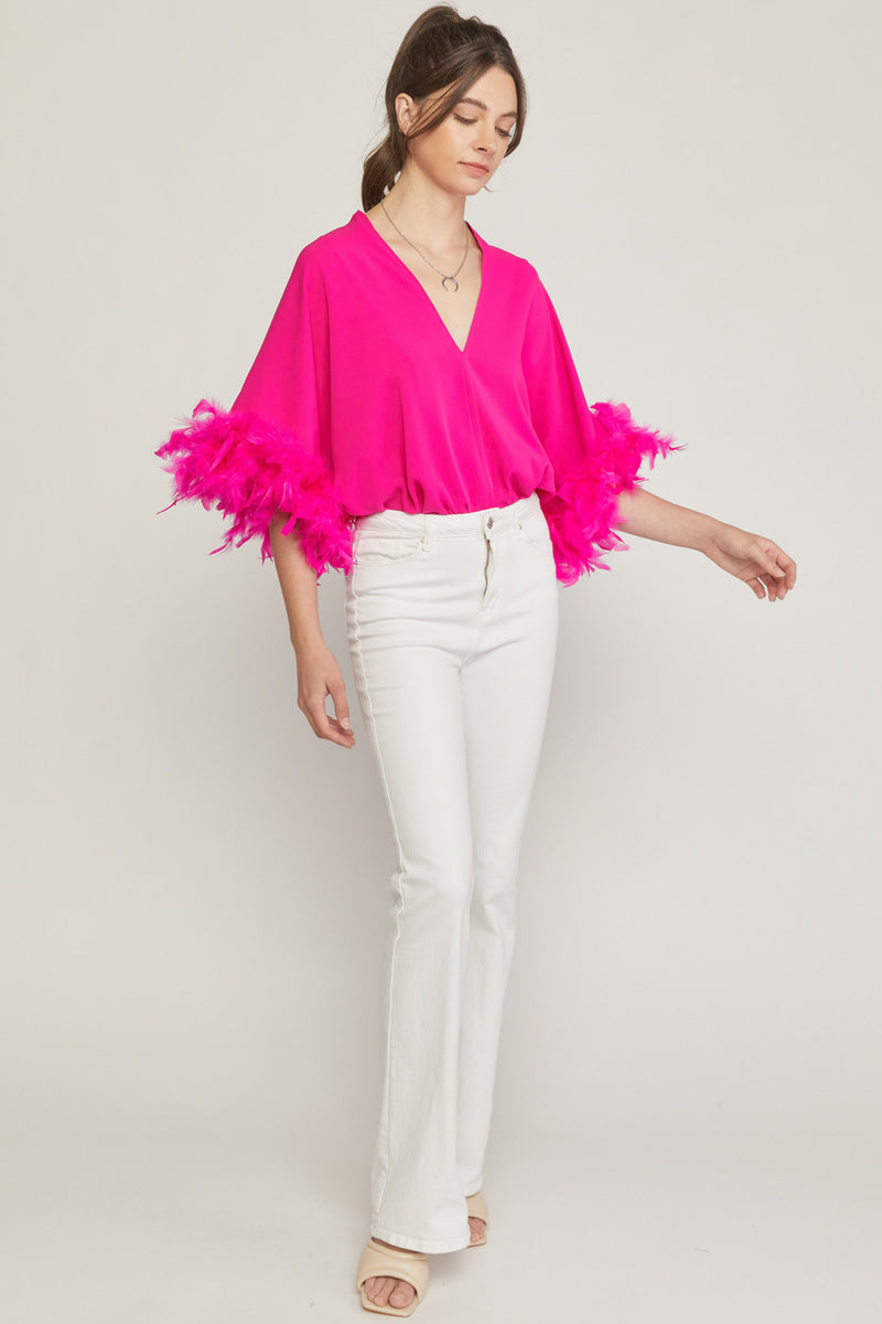 Pretty In Pink Feather Sleeve Satin Bodysuit – Penelope Chic Boutique