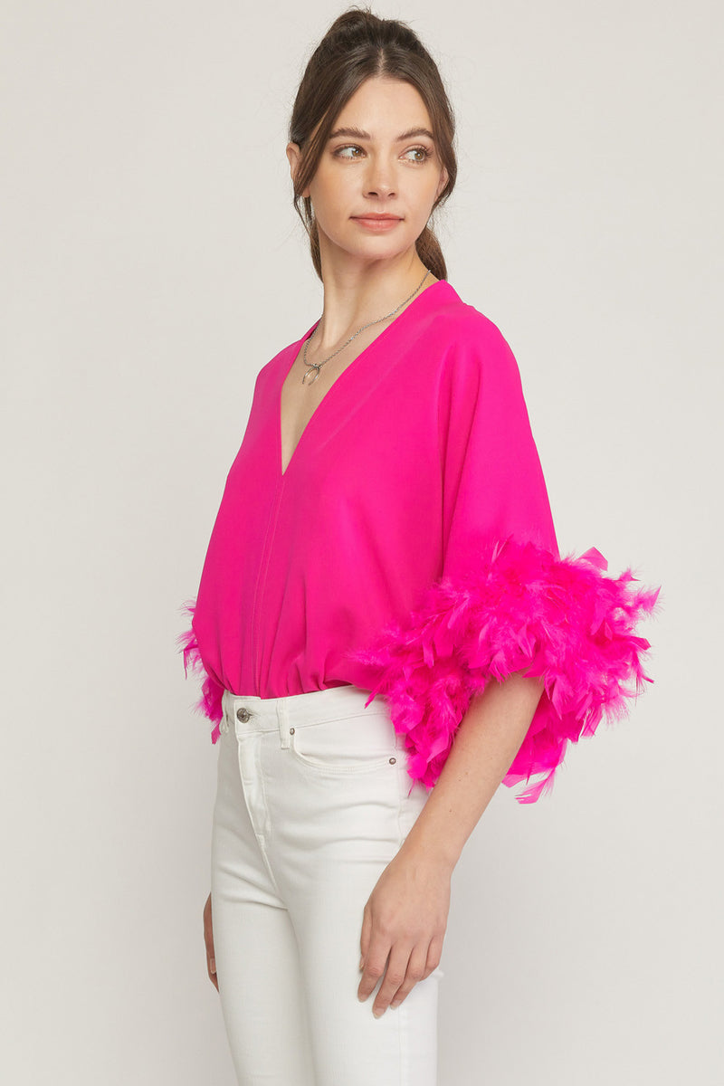 Pretty In Pink Feather Sleeve Satin Bodysuit – Penelope Chic Boutique